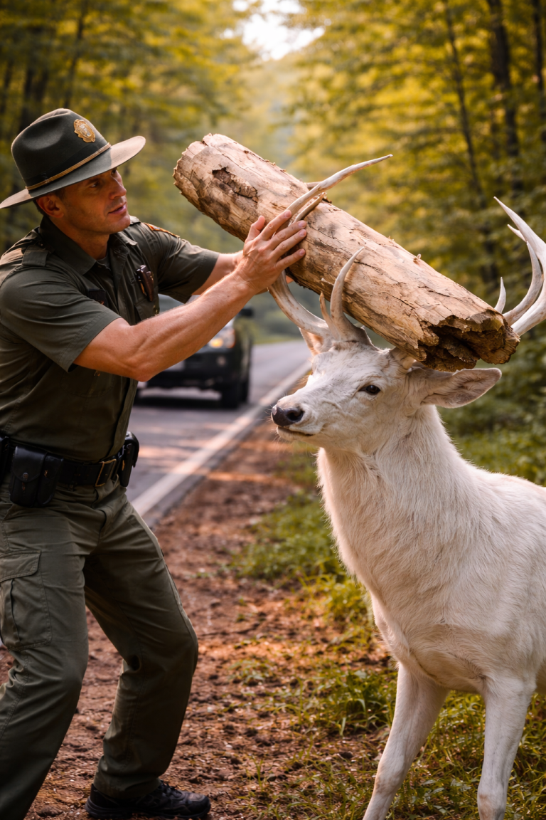 A Deer Walked Onto the Road With a Log Stuck in Its Antlers… A Ranger ...